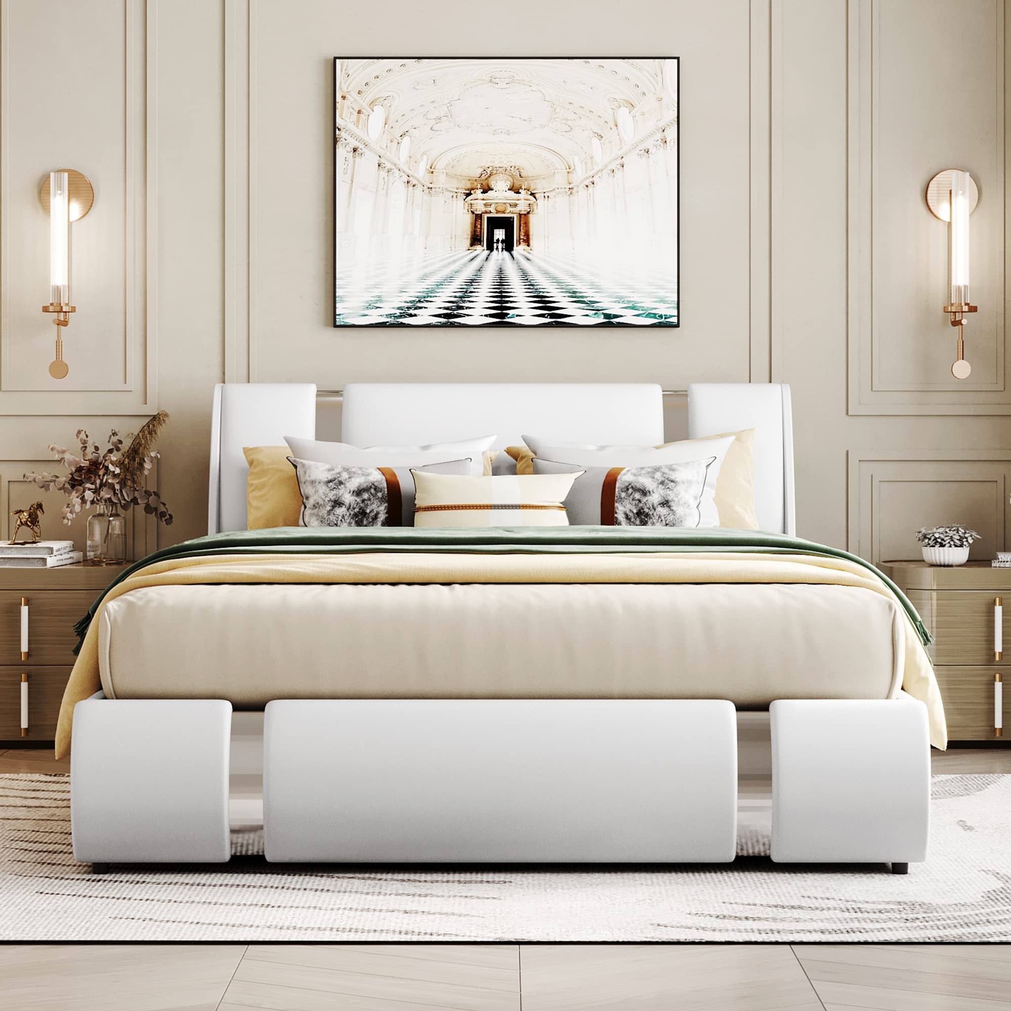 EMKK Lift Up Storage Platform Bed Frame Upholstered Queen Size beds with Upholstered Faux Leather Headboard Wooden Slat Support and Hydraulic Under Bed Storage