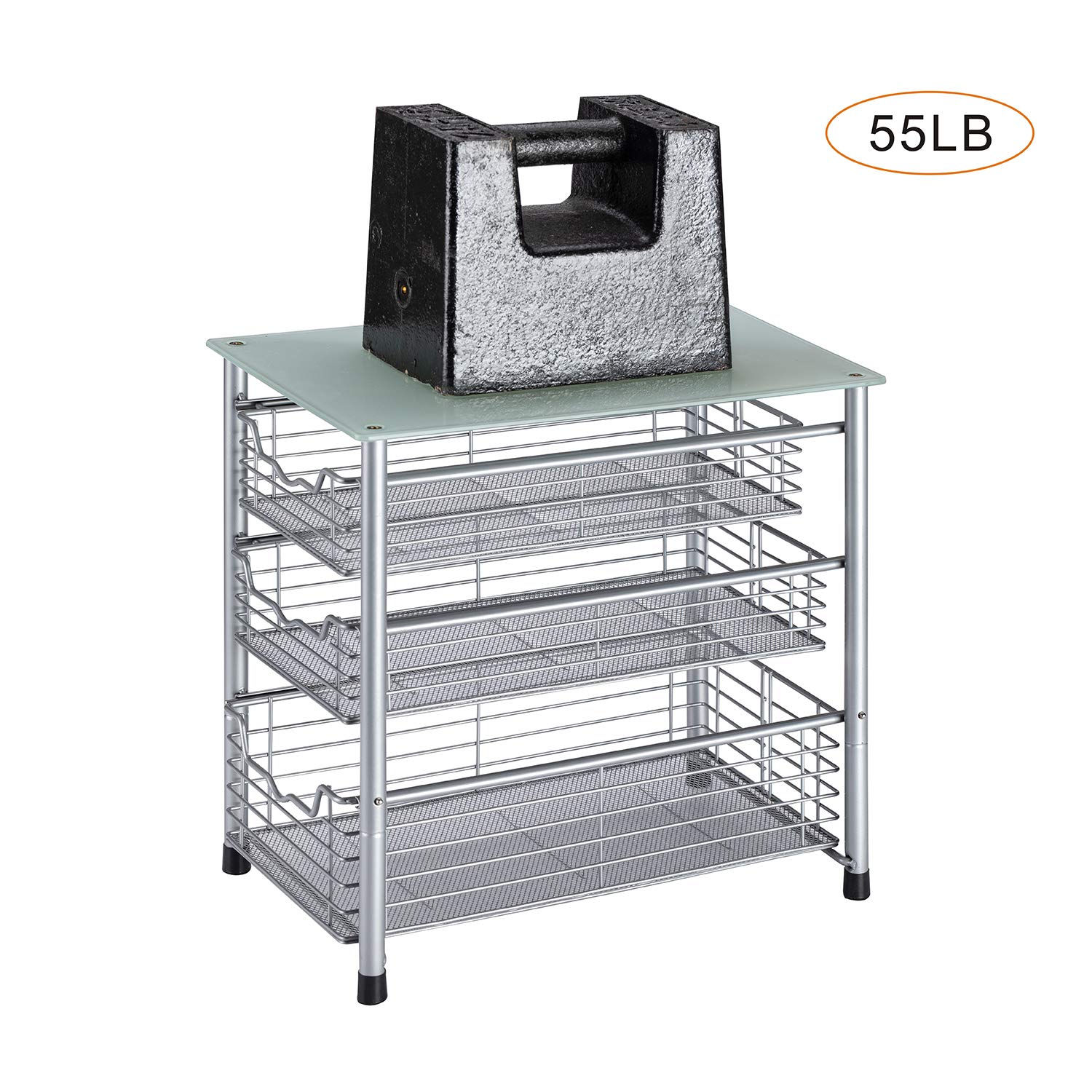 Flagship 3 Tier Sliding Backet Organizer Drawer with Crystal Tempered Glass Mesh Shelves for Spice Rack Countertop Kitchen Under Sink Drawer Bathroom Office (Silver)