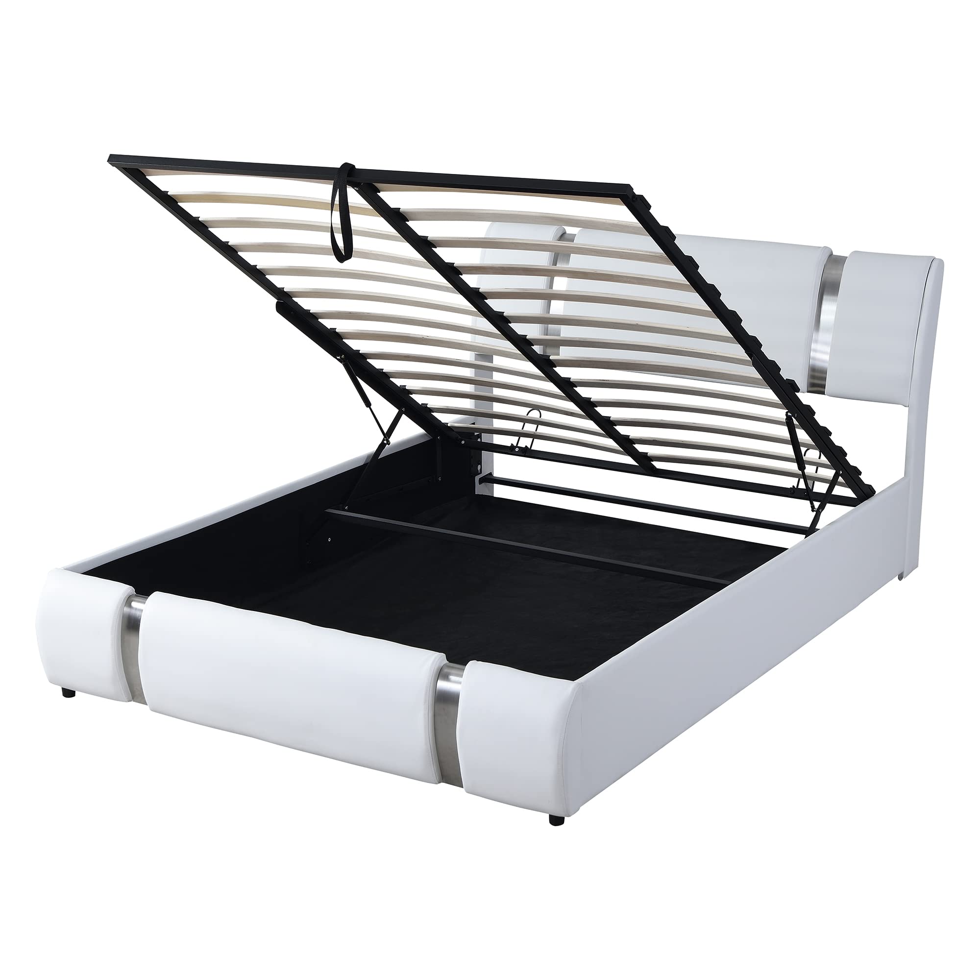 EMKK Lift Up Storage Platform Bed Frame Upholstered Queen Size beds with Upholstered Faux Leather Headboard Wooden Slat Support and Hydraulic Under Bed Storage
