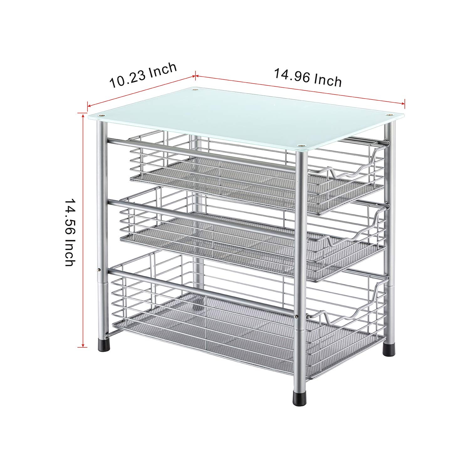 Flagship 3 Tier Sliding Backet Organizer Drawer with Crystal Tempered Glass Mesh Shelves for Spice Rack Countertop Kitchen Under Sink Drawer Bathroom Office (Silver)