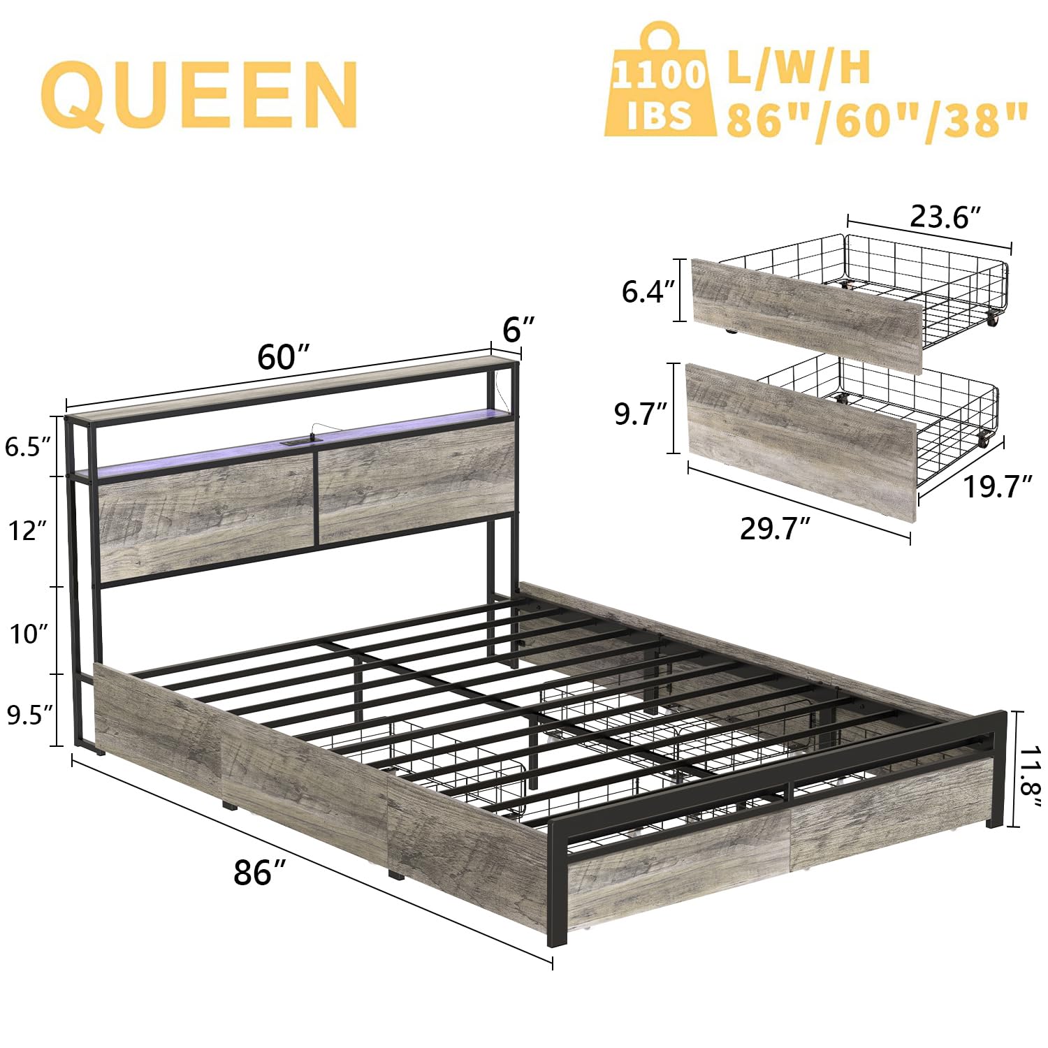HAUSOURCE Queen Bed Frame with Storage Headboard and 4 Drawers LED Lights Metal Platform Non-Slip Without Noise Mattress Foundation Strong Metal Slats Support No Box Spring Needed,Greige