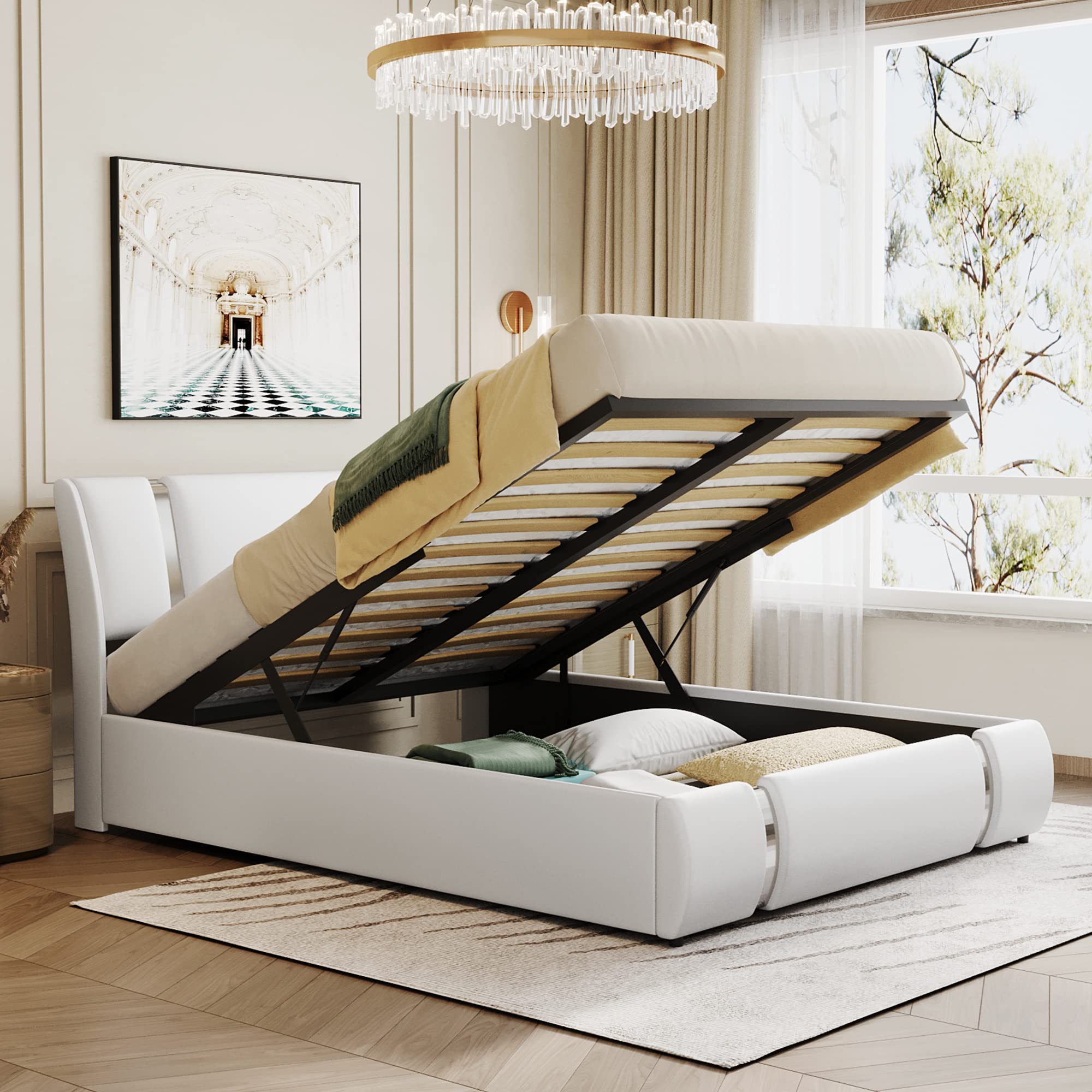 EMKK Lift Up Storage Platform Bed Frame Upholstered Queen Size beds with Upholstered Faux Leather Headboard Wooden Slat Support and Hydraulic Under Bed Storage