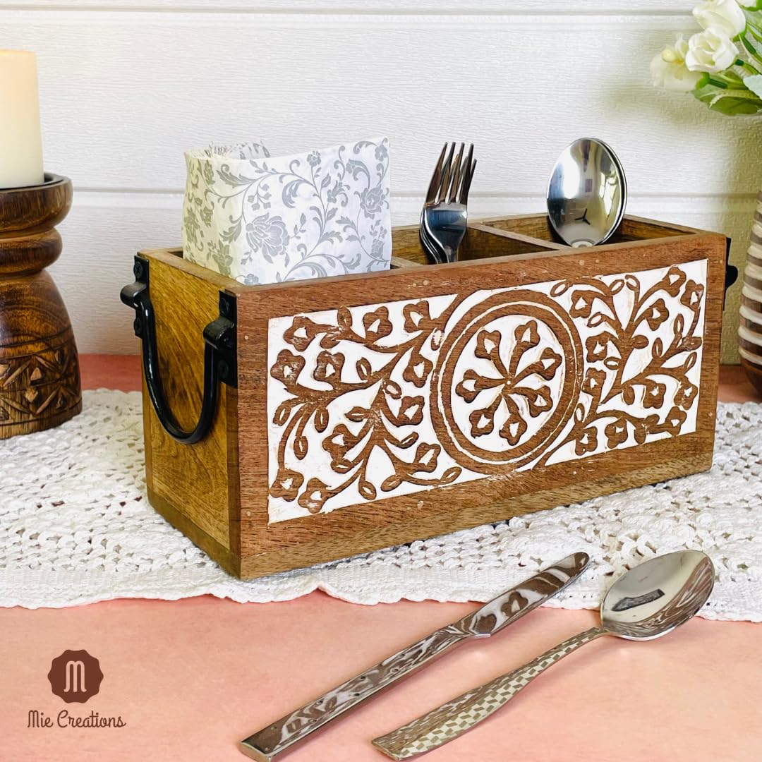 3 Compartment Farmhouse Wooden Flatware Caddy with Metal Handles for Kitchen Countertop, Silverware Caddy for Buffet Party, Rustic Wood Utensil Cutlery Holder, Bathroom Dining Table Office Organizer