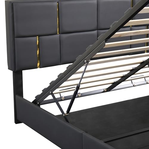 Goohome Modern Queen Size Upholstered Platform Bed with Hydraulic Storage System, Lift Up Storage Bed Queen Size with Headboard, Sturdy Wooden Platform Bed Frame for Teens Adults, Space Saving