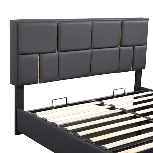 Goohome Modern Queen Size Upholstered Platform Bed with Hydraulic Storage System, Lift Up Storage Bed Queen Size with Headboard, Sturdy Wooden Platform Bed Frame for Teens Adults, Space Saving