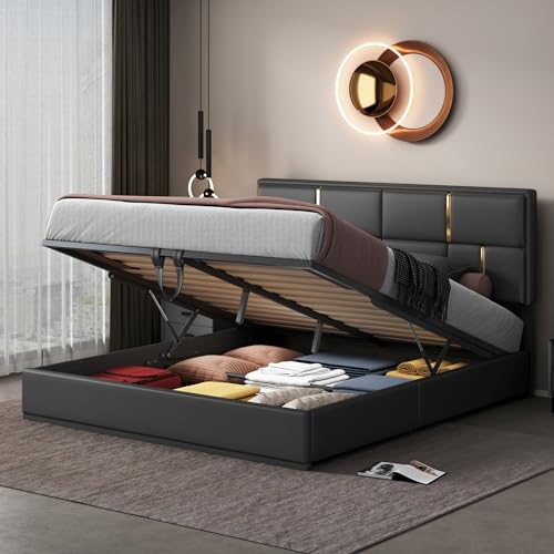 Goohome Modern Queen Size Upholstered Platform Bed with Hydraulic Storage System, Lift Up Storage Bed Queen Size with Headboard, Sturdy Wooden Platform Bed Frame for Teens Adults, Space Saving