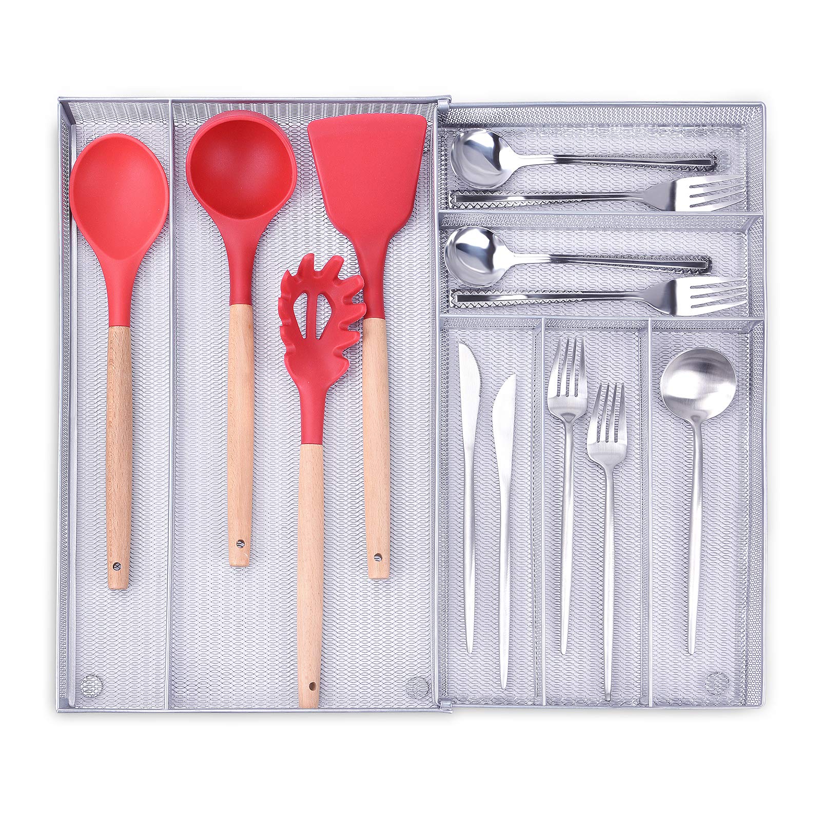 WuGeShop Mesh Kitchen Drawer Organizer Expandable, 7 Compartment Large Silverware Organizer/Cutlery Tray with Anti-Slip Mat, Adjustable Utensils Organizer Flatware Tray