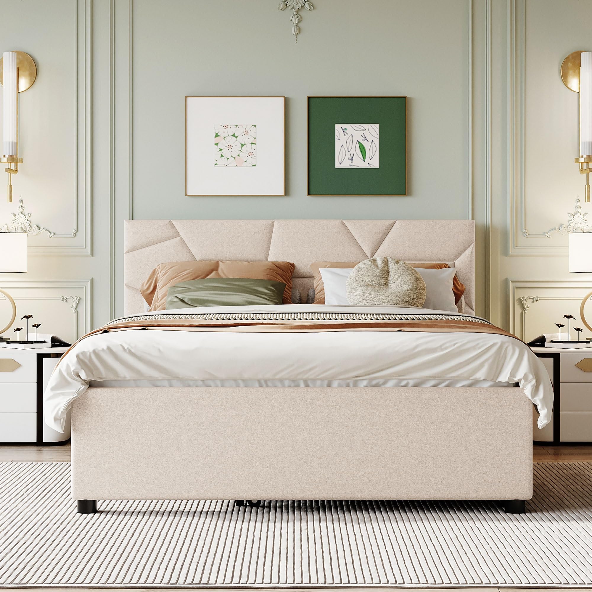 GJHOME Queen Size Upholstered Platform Bed Frame for Boys Girls Kids Adults Toddler with Brick Pattern Headboard and Twin XL Size Trundle, Linen Fabric, Beige