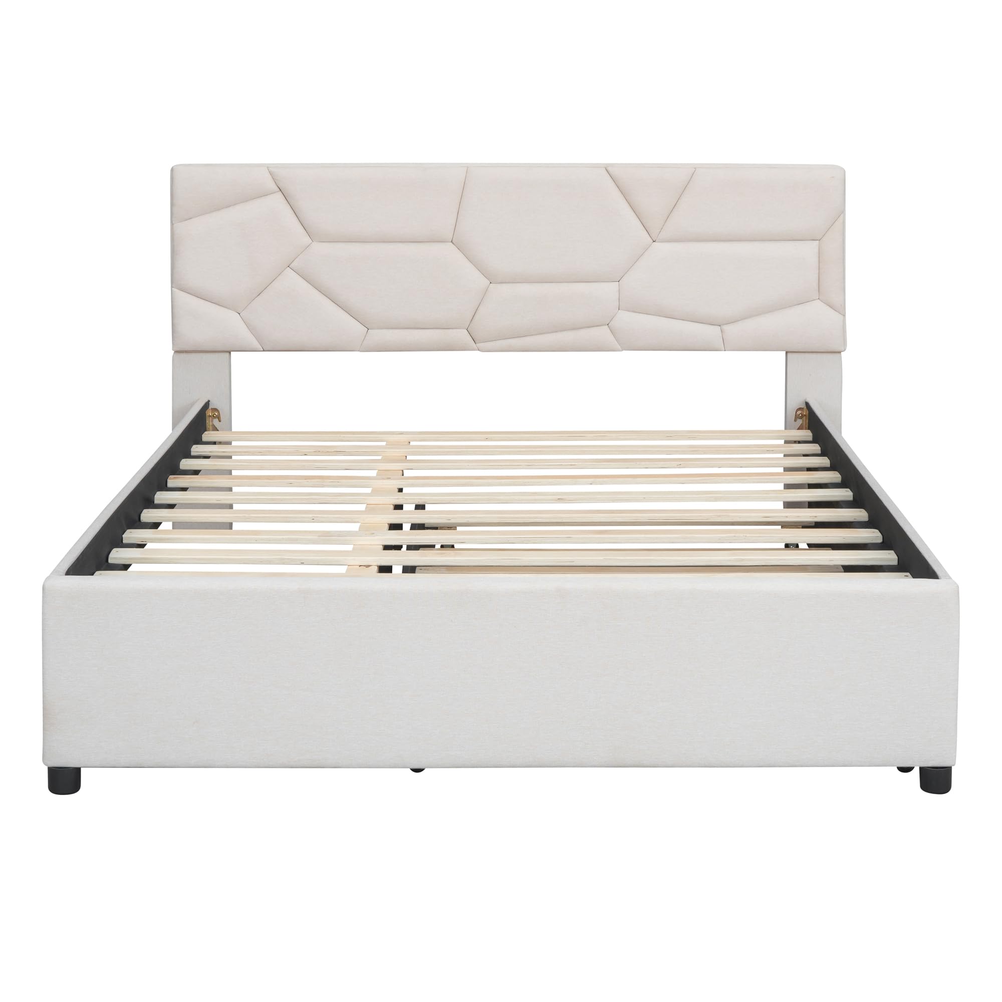 GJHOME Queen Size Upholstered Platform Bed Frame for Boys Girls Kids Adults Toddler with Brick Pattern Headboard and Twin XL Size Trundle, Linen Fabric, Beige