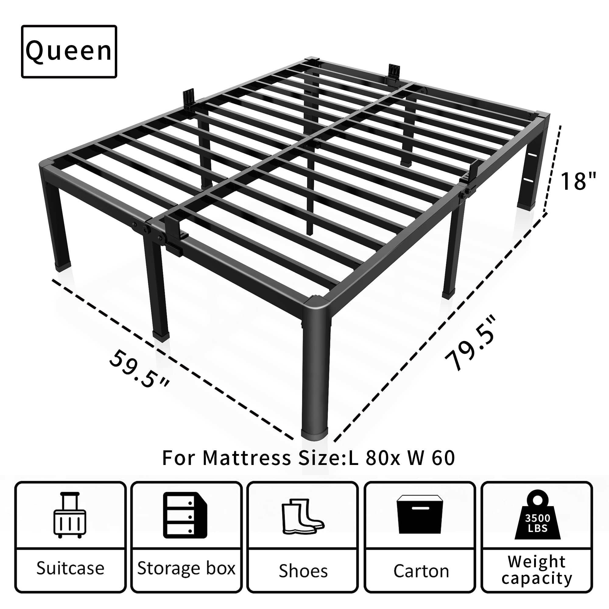 ROIL 18 Inch Queen Bed Frame with Rounded Corner and Headboard Hole Mattress Retainers 3500LBS Metal Heavy Duty Steel Slats No Box Spring Needed Platform Noise-Free Easy Assembly