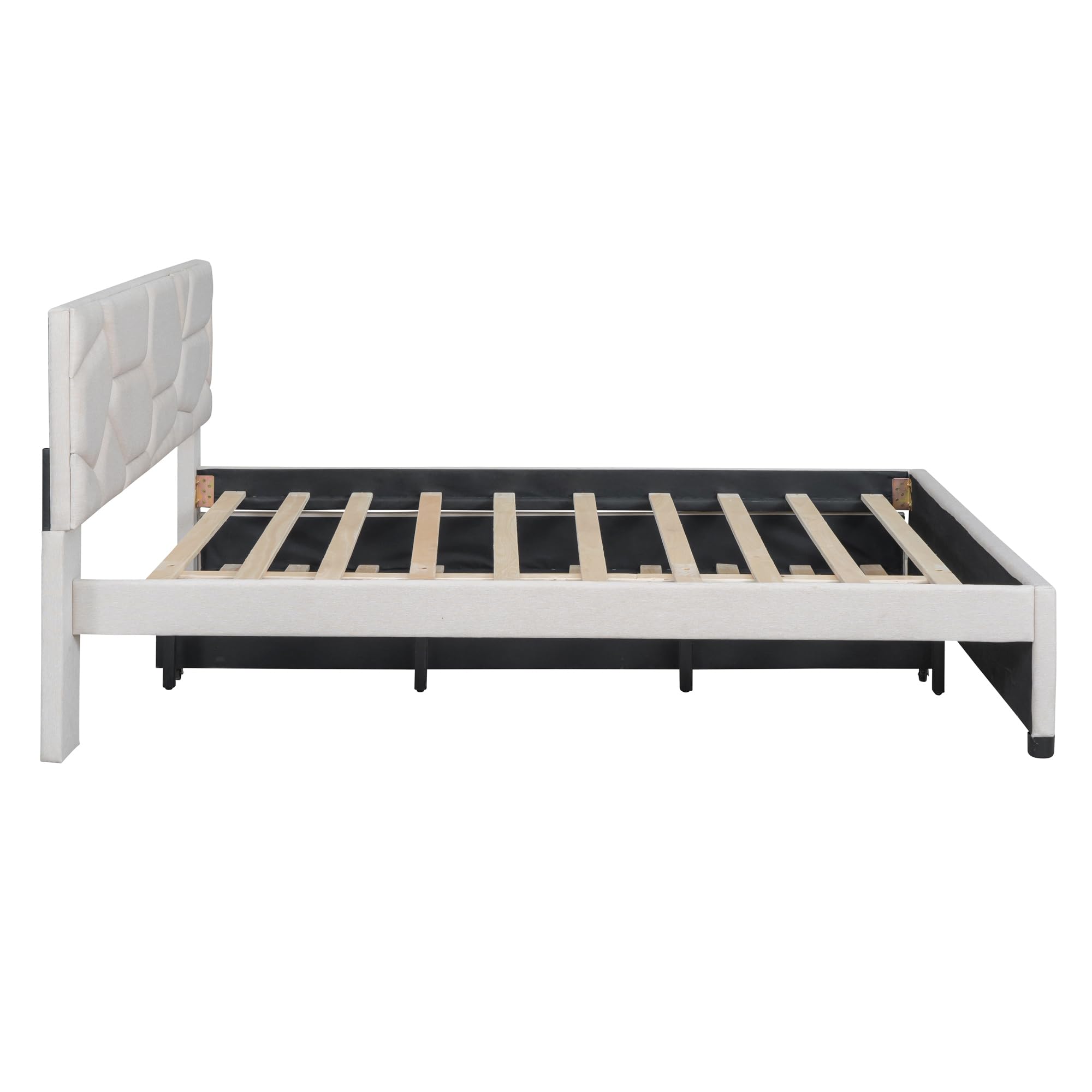 GJHOME Queen Size Upholstered Platform Bed Frame for Boys Girls Kids Adults Toddler with Brick Pattern Headboard and Twin XL Size Trundle, Linen Fabric, Beige
