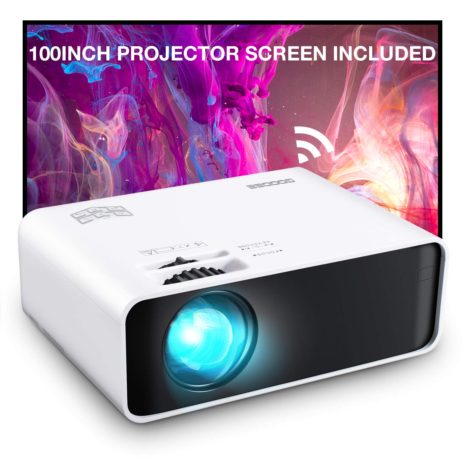 Projector, GooDee WiFi Mini Projector with Projector Screen, 7000L Synchronize Wireless Video Projector LED 1080p Full HD, Portable Home Movie Projector Support TV Stick/DVD/USB, iOS/Android Phone