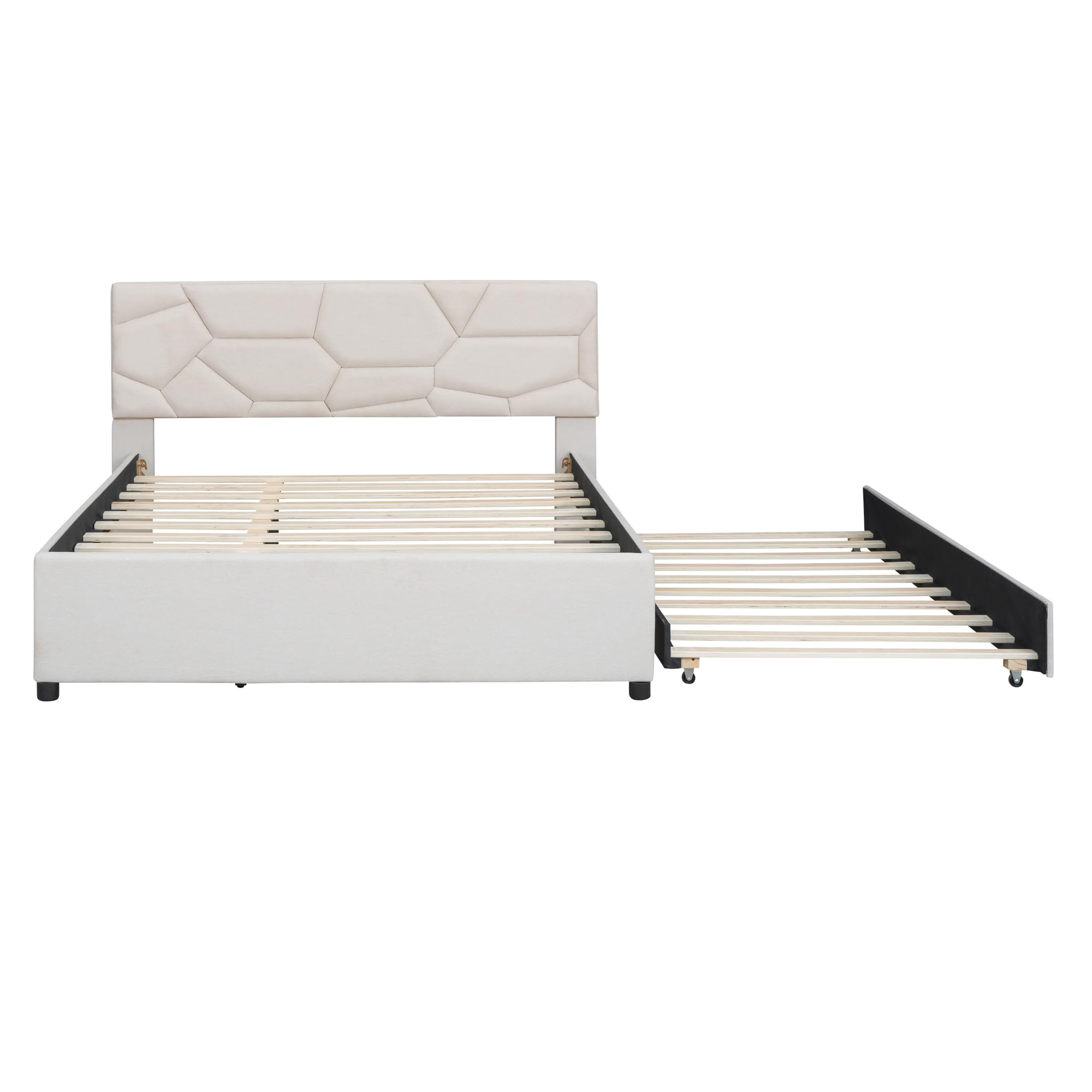 GJHOME Queen Size Upholstered Platform Bed Frame for Boys Girls Kids Adults Toddler with Brick Pattern Headboard and Twin XL Size Trundle, Linen Fabric, Beige