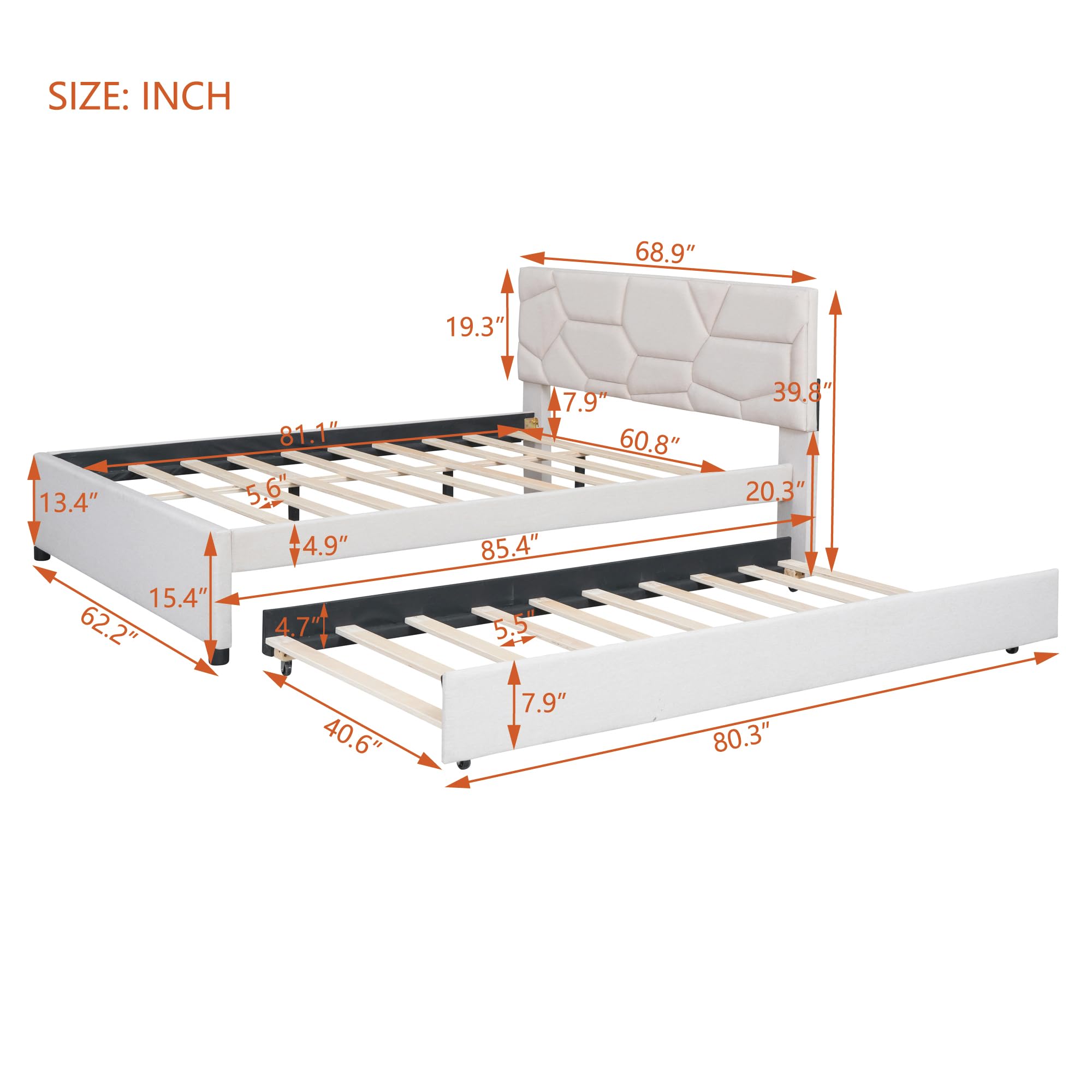 GJHOME Queen Size Upholstered Platform Bed Frame for Boys Girls Kids Adults Toddler with Brick Pattern Headboard and Twin XL Size Trundle, Linen Fabric, Beige