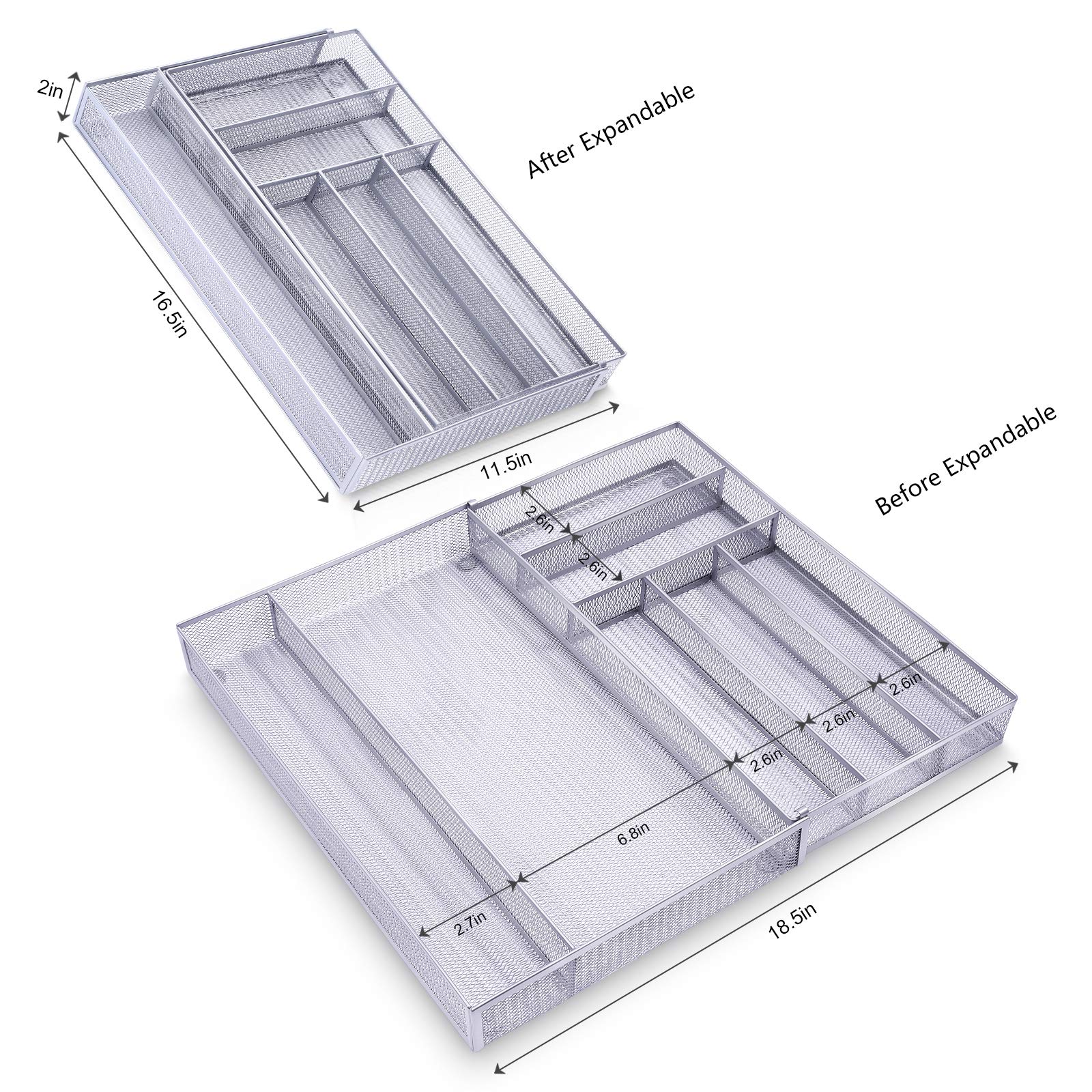 WuGeShop Mesh Kitchen Drawer Organizer Expandable, 7 Compartment Large Silverware Organizer/Cutlery Tray with Anti-Slip Mat, Adjustable Utensils Organizer Flatware Tray