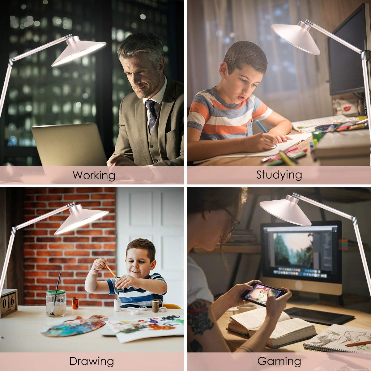 Wellwerks Swing Arm Desk Lamp, 12W Eye-Caring LED Desk Lamp with Clamp, Dimmable Desk Light with Timer and Memory Function, 3 Color Modes, Modern Architect Table Lamp for Task Study (Pink)