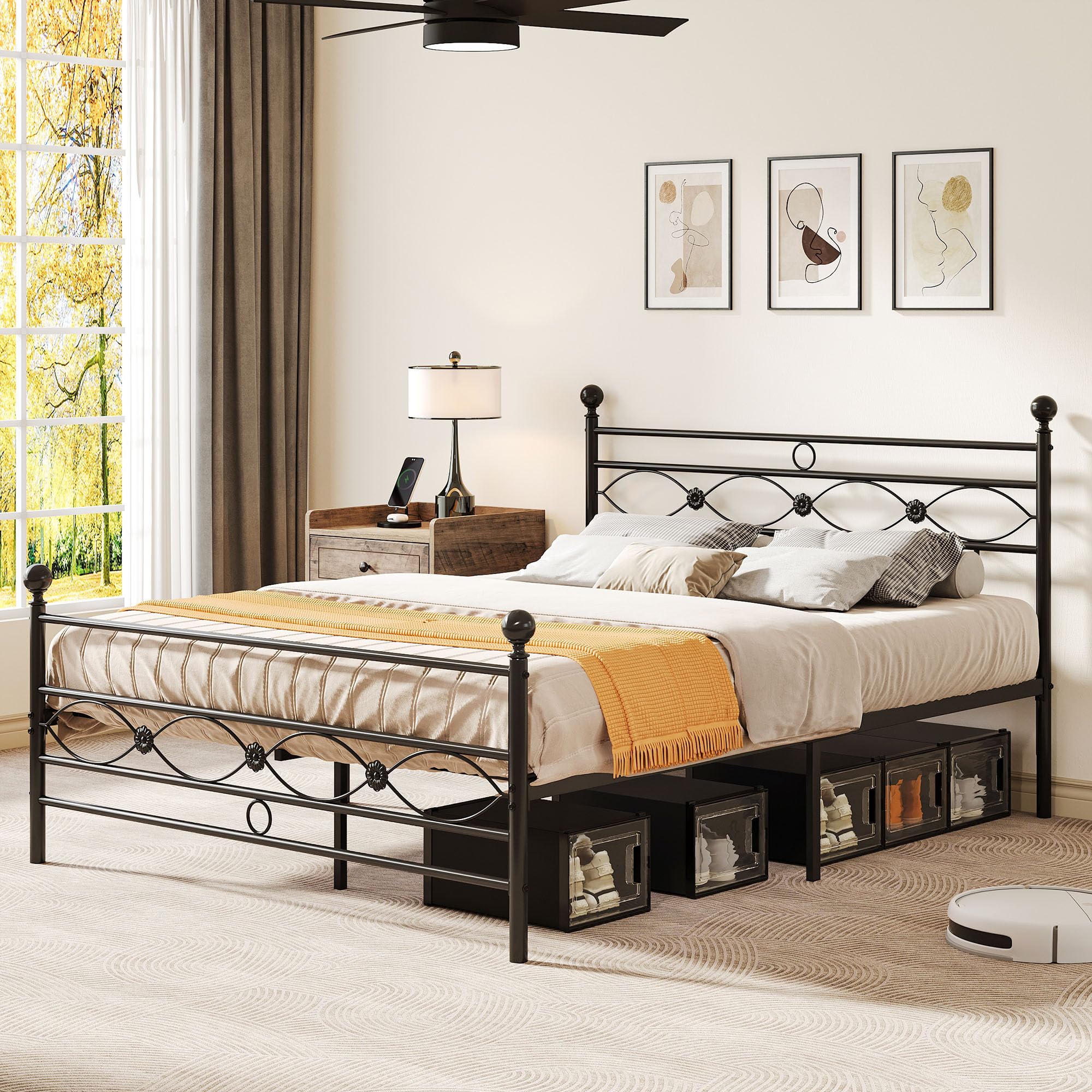 DWVO Queen Size Metal Platform Bed Frame with Headboard and Footboard, 14"H Black Queen Bed Frame with Steel Slat Support, Bedroom Mattress Foundation, No Box Spring Needed, Load Bearing up to 700lbs