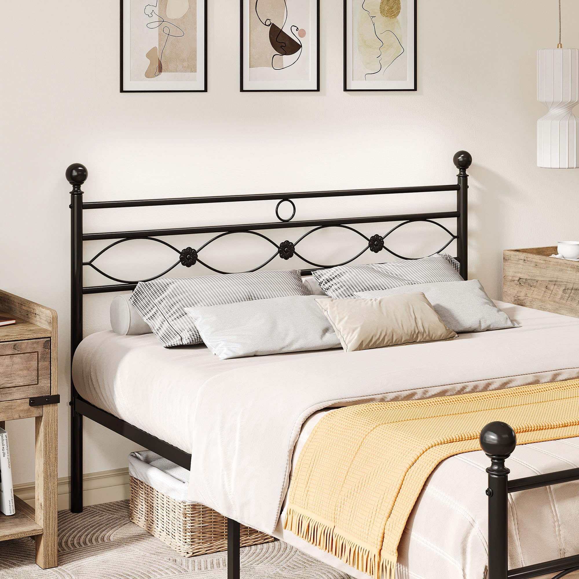DWVO Queen Size Metal Platform Bed Frame with Headboard and Footboard, 14"H Black Queen Bed Frame with Steel Slat Support, Bedroom Mattress Foundation, No Box Spring Needed, Load Bearing up to 700lbs