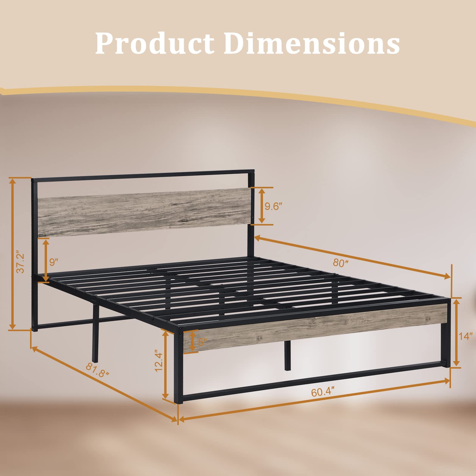 Zevemomo Queen Size Bed Frame, Queen Platform Bed Frame with Metal Slats and Wood Headboard & Footboard/Sturdy & Stable/No Box Spring Needed