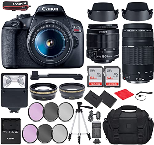 Canon Intl. EOS Rebel T7 DSLR Camera with EF-S 18-55mm f3.5-5.6 is II, EF 75-300mm f4-5.6 III Lense Bundle, Travel Kit + Accessories(Gadget Bag, Extra Battery, Digital Slave Flash), Black, CanonT7