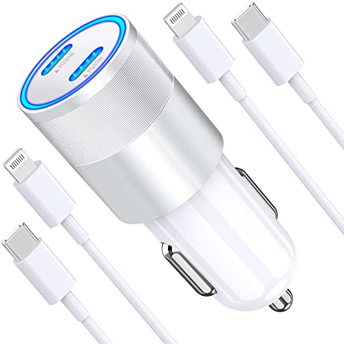 [Apple MFi Certified] iPhone Car Charger, KYOHAYA 60W Dual PD USB-C Power PPS Super Fast Car Charger with 2 Pack Type C to Lightning Quick Charging Cable for iPhone 14/13/12/11/XS/XR/X/SE/iPad/AirPods