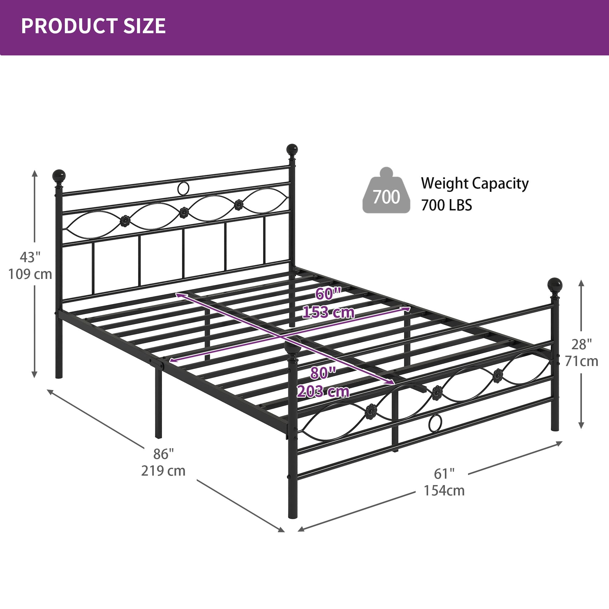 DWVO Queen Size Metal Platform Bed Frame with Headboard and Footboard, 14"H Black Queen Bed Frame with Steel Slat Support, Bedroom Mattress Foundation, No Box Spring Needed, Load Bearing up to 700lbs