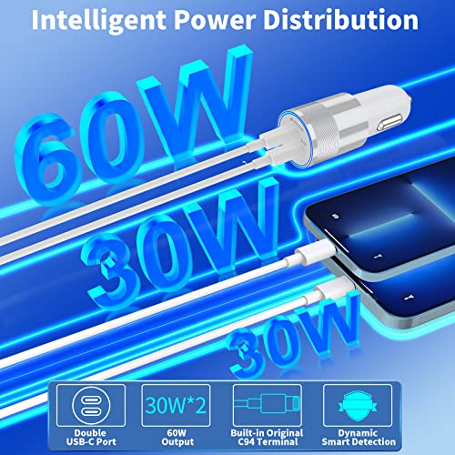 [Apple MFi Certified] iPhone Car Charger, KYOHAYA 60W Dual PD USB-C Power PPS Super Fast Car Charger with 2 Pack Type C to Lightning Quick Charging Cable for iPhone 14/13/12/11/XS/XR/X/SE/iPad/AirPods