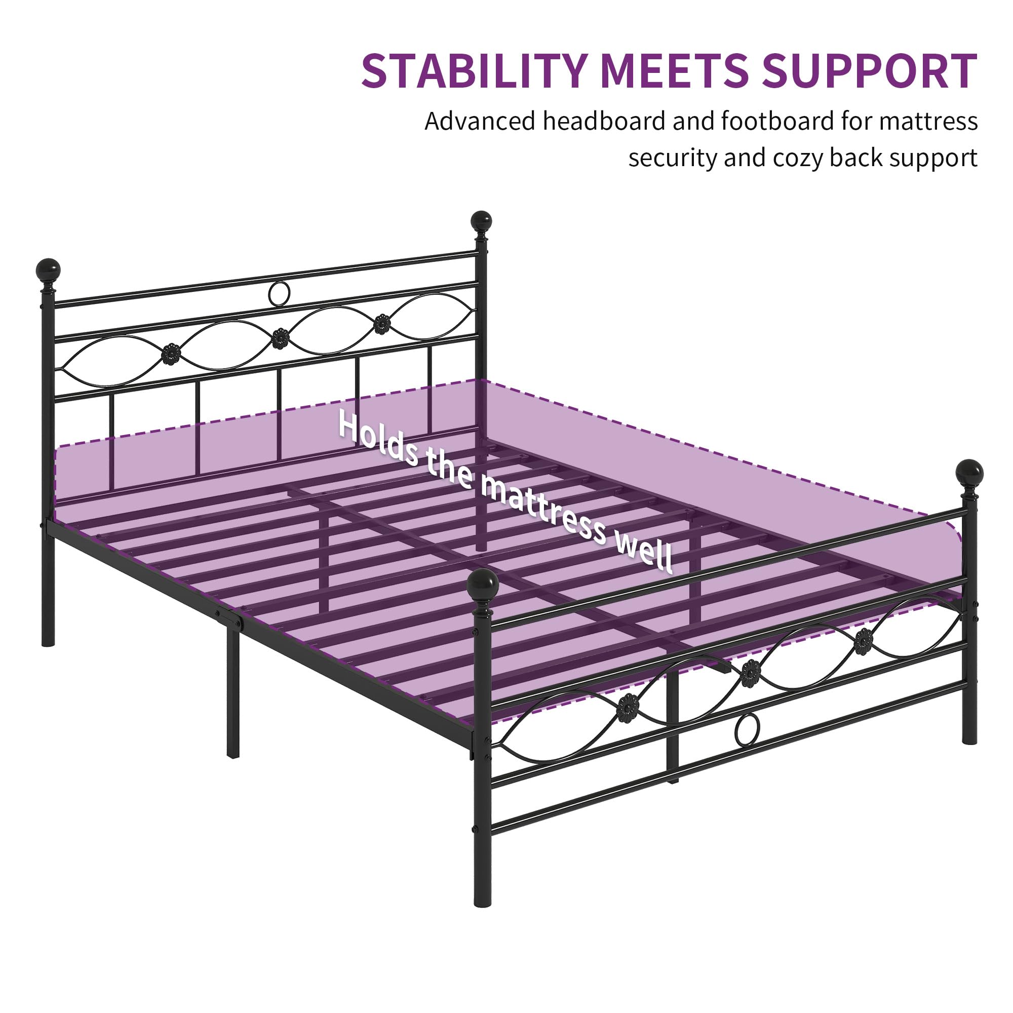 DWVO Queen Size Metal Platform Bed Frame with Headboard and Footboard, 14"H Black Queen Bed Frame with Steel Slat Support, Bedroom Mattress Foundation, No Box Spring Needed, Load Bearing up to 700lbs