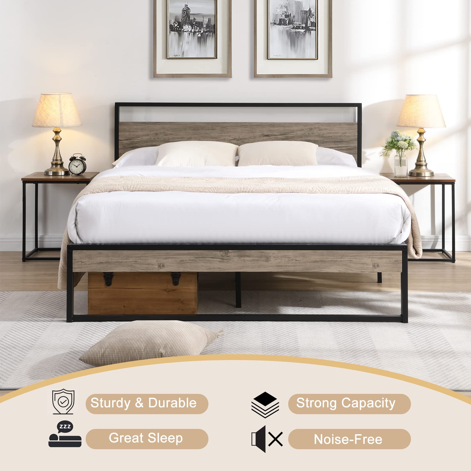 Zevemomo Queen Size Bed Frame, Queen Platform Bed Frame with Metal Slats and Wood Headboard & Footboard/Sturdy & Stable/No Box Spring Needed