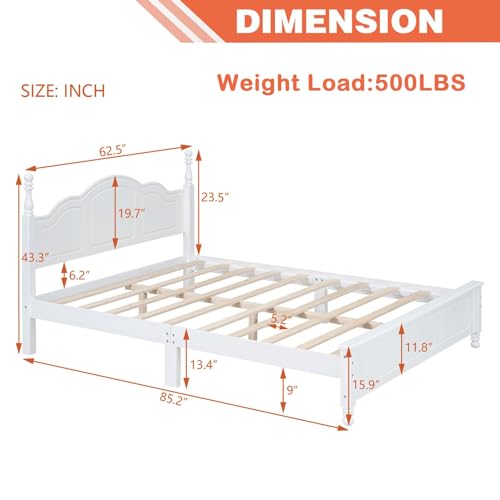Queen Size Classic Wood Platform Bed Frame with Headboard, Solid Wood Foundation / No Box Spring Needed / Wood Slat Support / Easy Assembly for Family Bedroom Apartment Boys Girls Room (White, Queen)