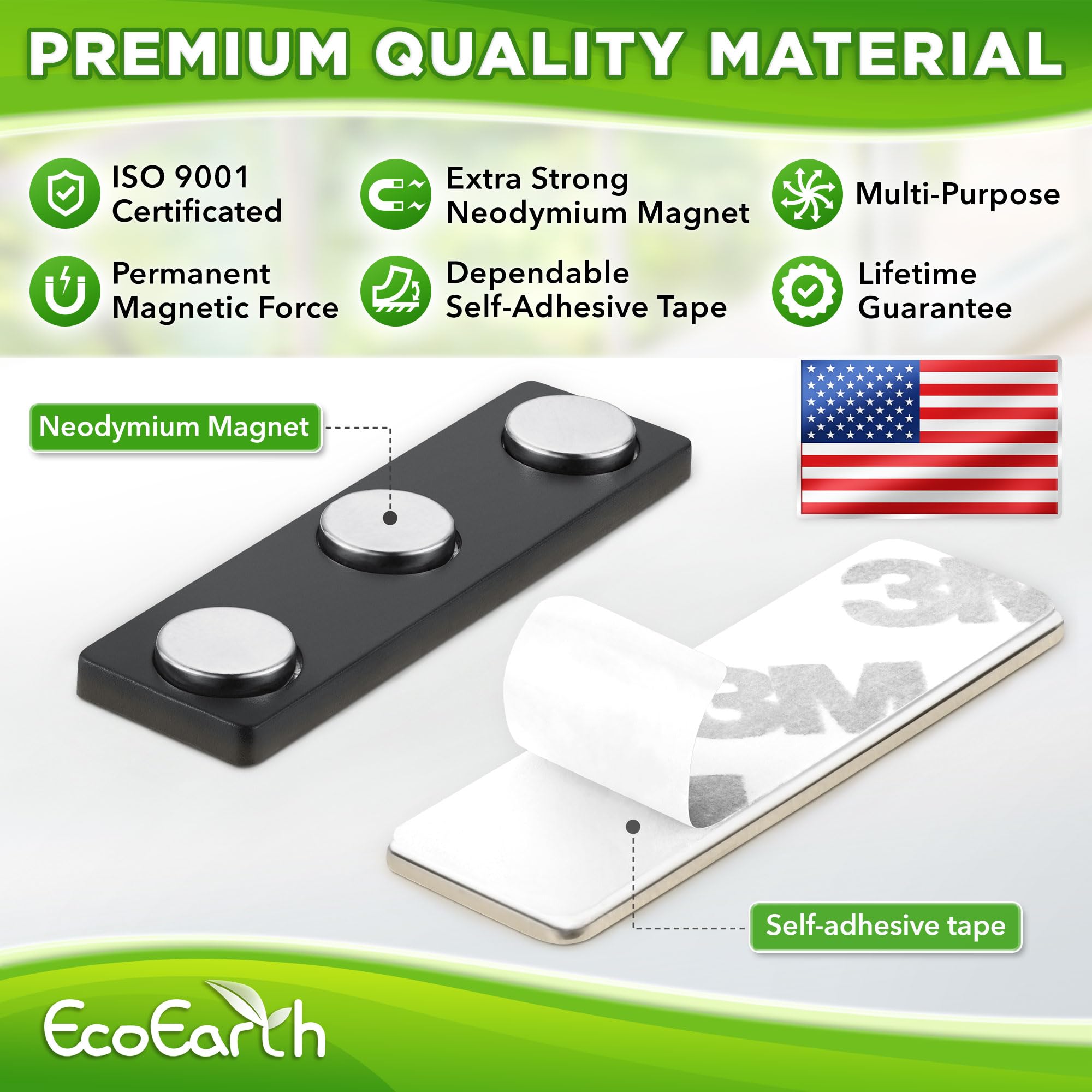 EcoEarth Name Tag Magnets (10 Badge Holder Magnets, 1.75 x 0.5 inches), Name Tag Magnet Backs w/ 3 Extra-Strong Neodymium Magnets for ID Badge Holders