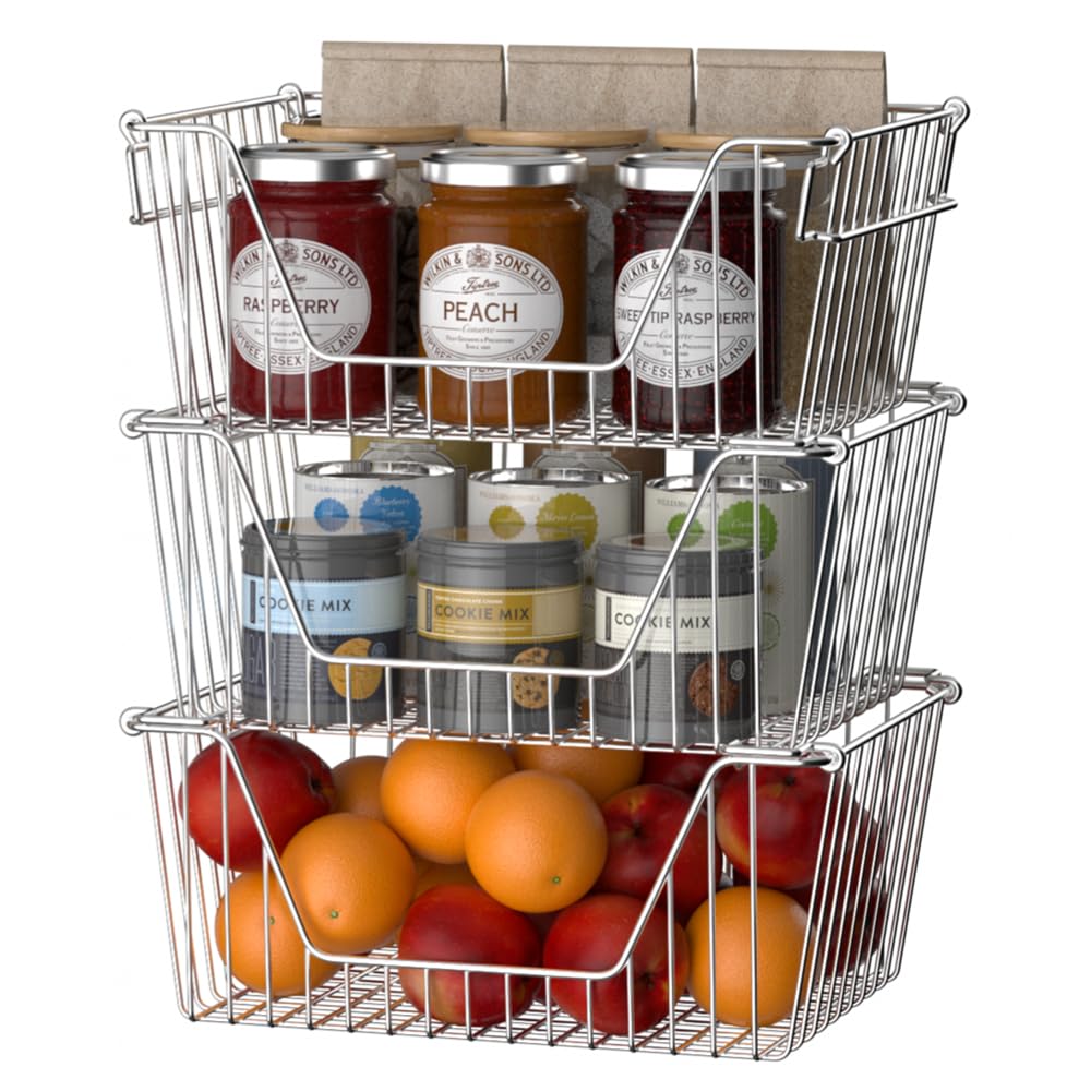 Slideep Large Stackable Storage Baskets Cabinet Organizer Sturdy Metal Wire Pantry Freezer Bin for Pantry Home Bathroom Kitchen Organization 3 Packs