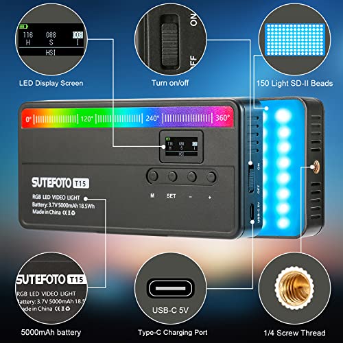 Sutefoto RGB LED Video Light 15 (W) /360° Full Colors/CRI 96+/5000mAh Battery/ 2800K-10000K On-Camera Lighting Mini Pocket Light for Vlog YouTube Videos, Portable LED Camera Light.