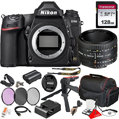 Nikon D780 DSLR Camera with 50mm F/1.8D Prime Lens + 128GB Memory + Case + Filters + Tripod + 3 Piece Filter Kit + More (24pc Bundle)