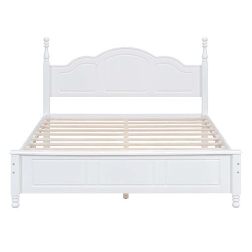 Queen Size Classic Wood Platform Bed Frame with Headboard, Solid Wood Foundation / No Box Spring Needed / Wood Slat Support / Easy Assembly for Family Bedroom Apartment Boys Girls Room (White, Queen)