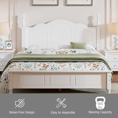 Queen Size Classic Wood Platform Bed Frame with Headboard, Solid Wood Foundation / No Box Spring Needed / Wood Slat Support / Easy Assembly for Family Bedroom Apartment Boys Girls Room (White, Queen)