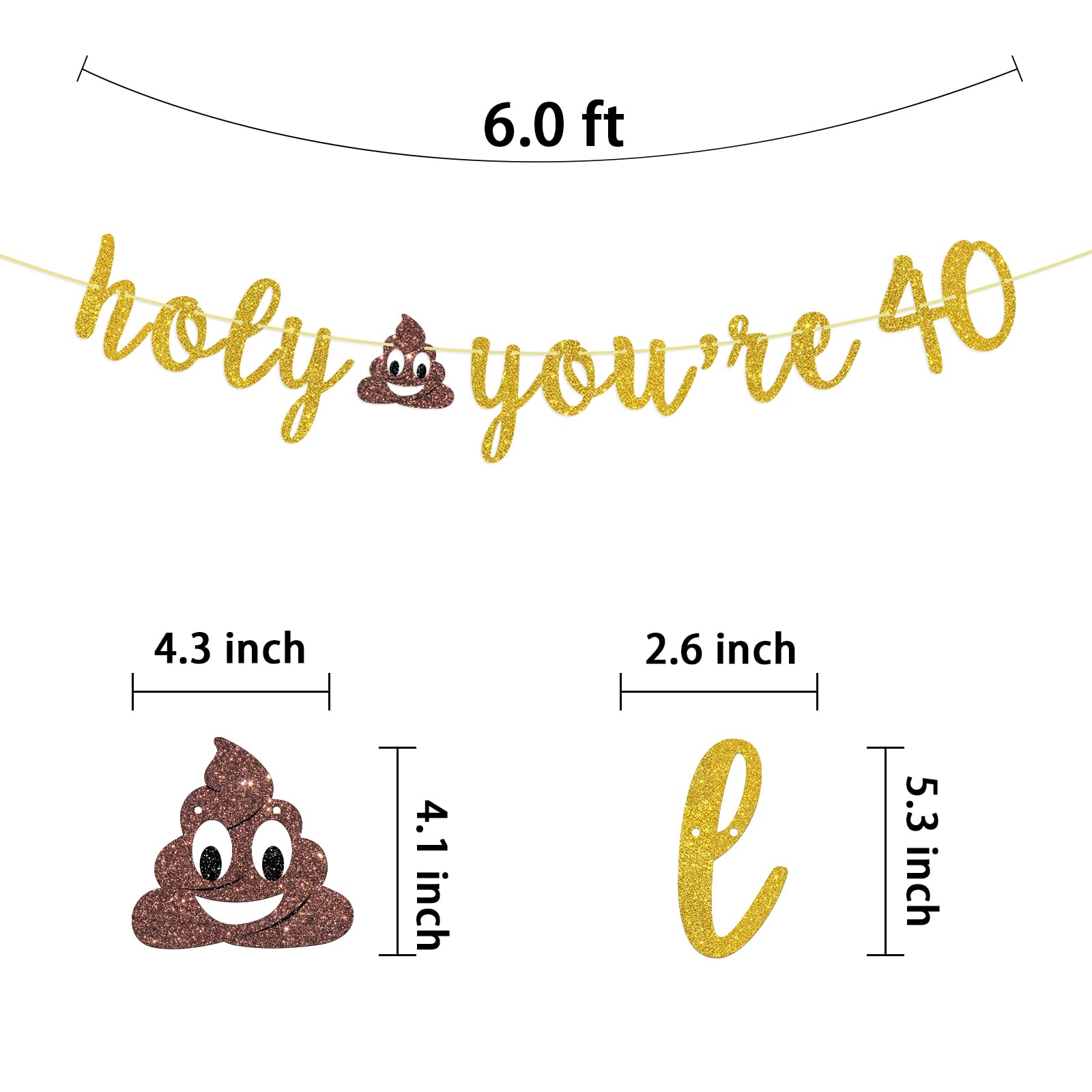 Holy Shit You're 40 Banner, Gold Glitter Funny Adult Happy 40th Birthday Banner Decoration Supplies