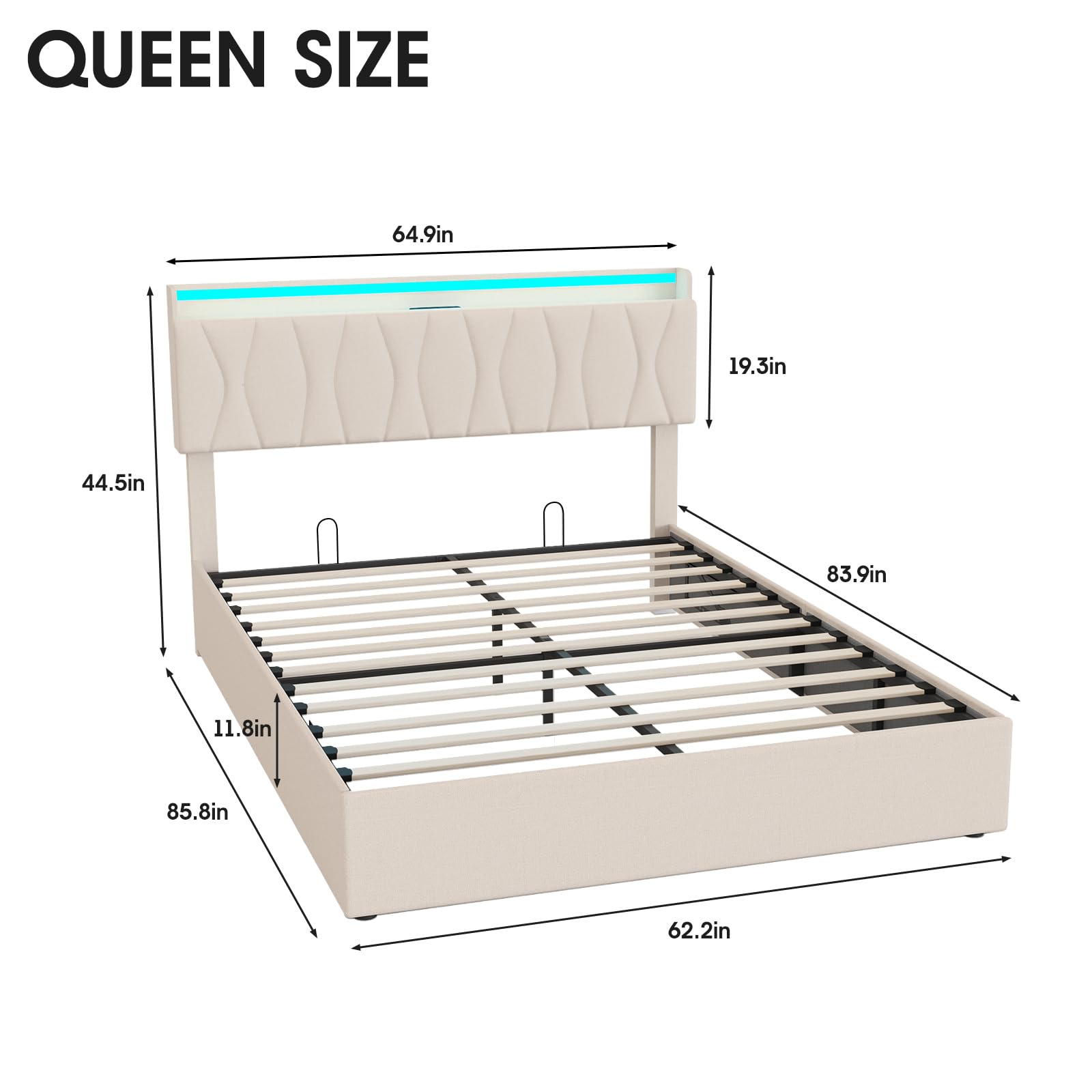 Queen Size Lift Up Storage Bed Frame with Adjustable Headboard, Charging Station, LED Lights, Wood Slats, Noise-Free, No Box Spring Needed, Beige