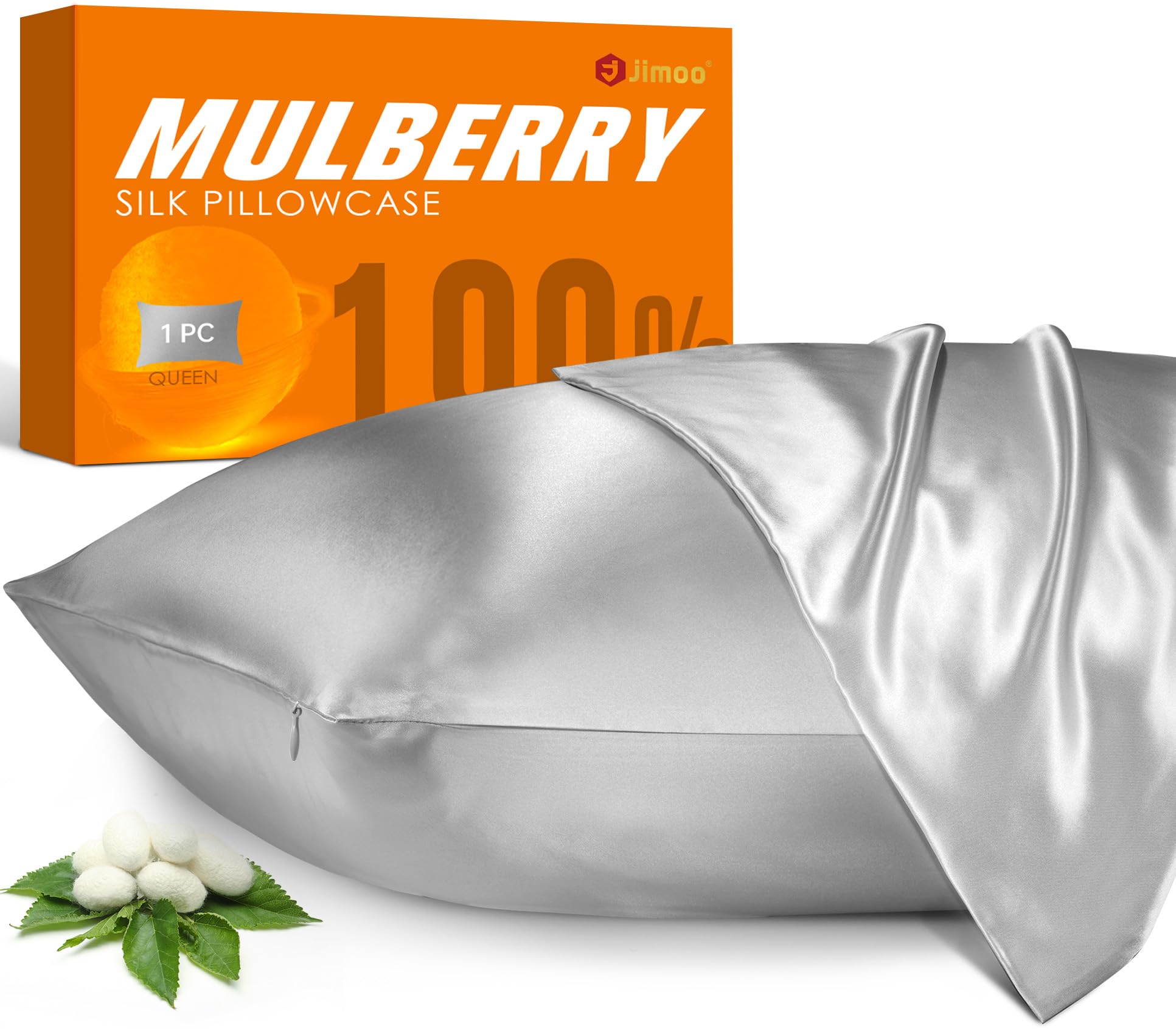 J JIMOO Natural 22 Momme 100% Mulberry Silk Pillowcase for Hair and Skin, Standard Size 20"X 26" Silk Pillow Case, Soft Smooth Cooling Premium Grade 6A Silk Pillow Cover with Zipper (Silver Grey 1pc)