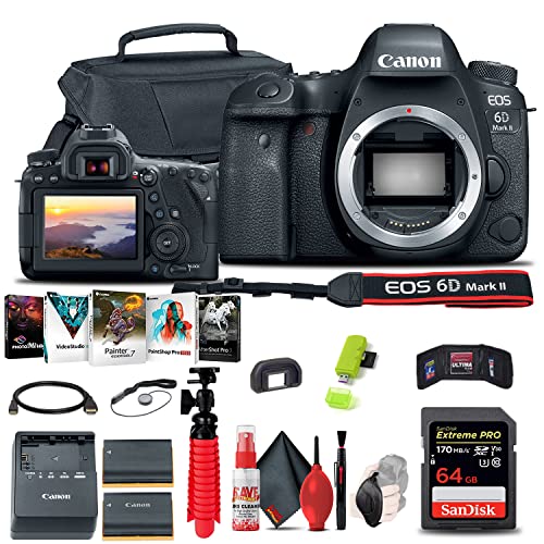 Canon EOS 6D Mark II DSLR Camera (Body Only) (1897C002), 64GB Memory Card, Case, Photo Software, LPE6 Battery, Card Reader, Flex Tripod, HDMI Cable, Hand Strap + More (Renewed)