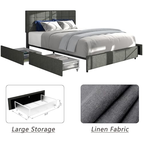 PIETFIU Modern Queen Bed Frame with Adjustable Headboard and 4 Storage Drawers,Linen Upholstered Platform Bed Frame with Solid Wood Slat and Button Tufted Design,No Box Spring Needed (Queen)