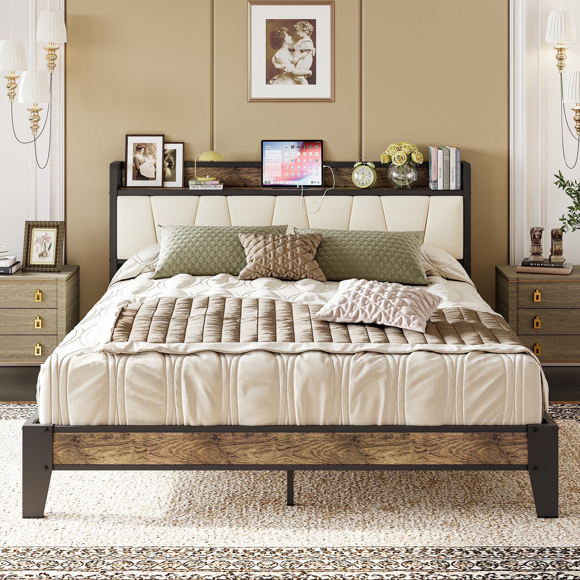 LIKIMIO Queen Bed Frame, Storage Headboard with Charging Station, Solid and Stable, Noise Free, No Box Spring Needed, Easy Assembly (Walnut and Beige)