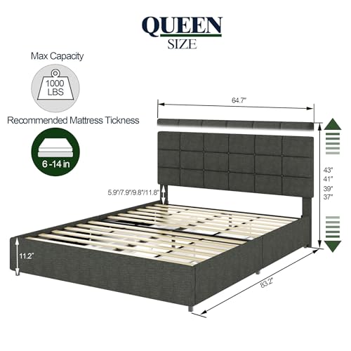 PIETFIU Modern Queen Bed Frame with Adjustable Headboard and 4 Storage Drawers,Linen Upholstered Platform Bed Frame with Solid Wood Slat and Button Tufted Design,No Box Spring Needed (Queen)