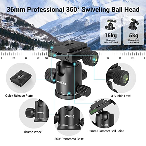 SmallRig 71" Camera Tripod, Foldable Aluminum Tripod & Monopod, 360°Ball Head Detachable, Payload 33lb, Adjustable Height from 16" to 71" for Camera, Phone-3935