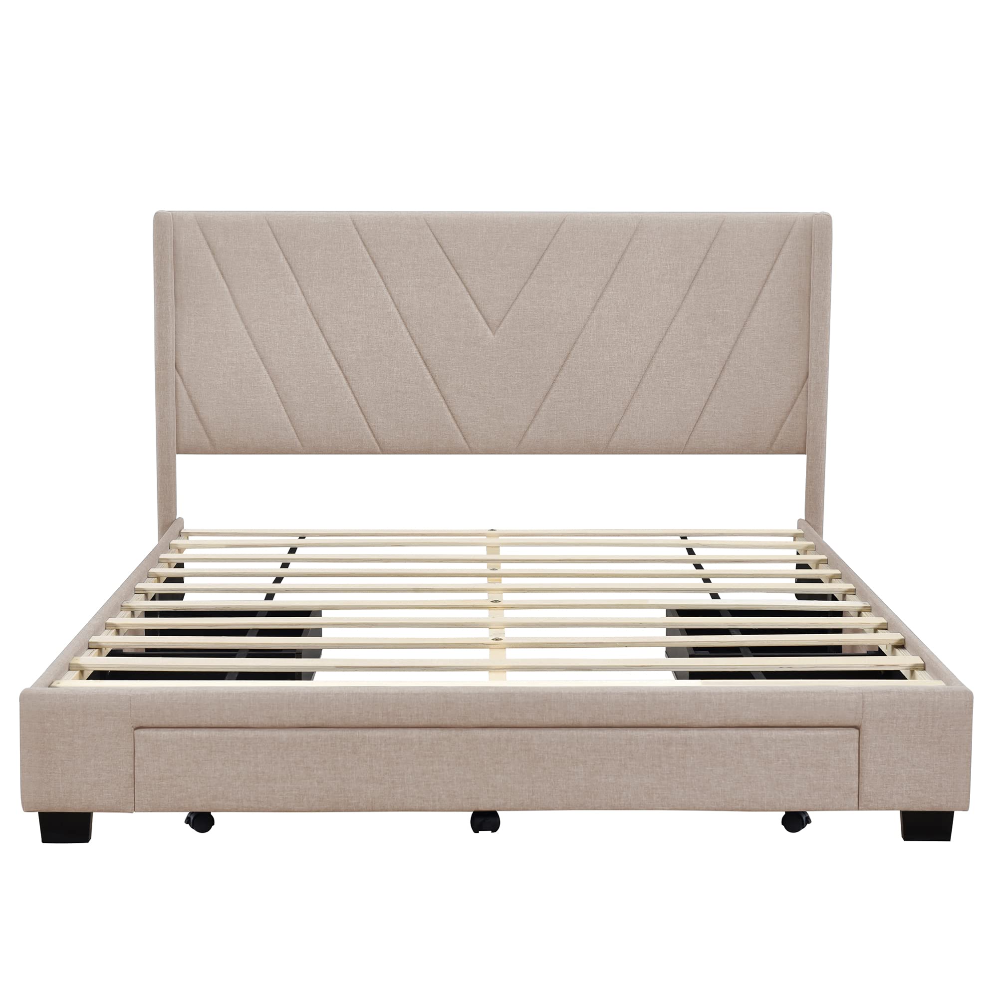 GJHOME Queen Bed Frame with Storage Upholstered Platform Bed Frame with 3 Drawers and Headboard Modern Linen Queen Size Beds with Wooden Slats Support, No Box Spring Box Needed, Beige