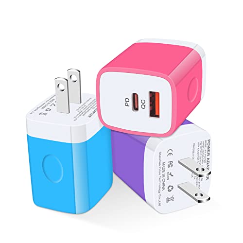 USB C Wall Charger, 2-Ports 20W USB A and USB C Charger Block [PD/QC 3.0], 3Pack USB-C Power Wall Plug Adapter Brick for iPhone 14/13/12/Pro/11/Pro Max/Mini, iPad/Pro, AirPods, Pixel, Samsung Galaxy