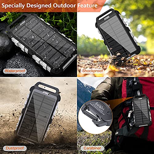Ryoko Solar Charger Power Bank 20000mAh, Solar Phone Charger with Dual USB 5V Output, 10 LED Flashlights, Waterproof Outdoor Battery Pack for iPhone, Samsung, Switch, Tablet