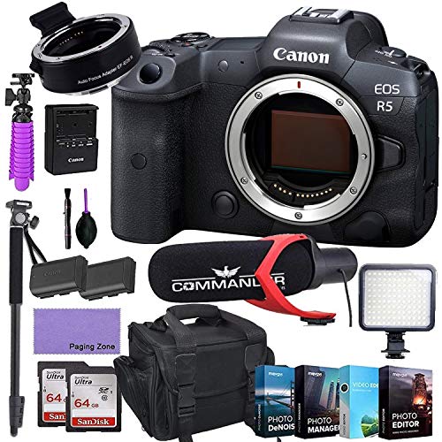 Canon EOS R5 Mirrorless Digital Camera (Body Only) and Mount Adapter EF-EOS R kit Bundled with Deluxe Accessories Like Pro Microphone, High Power LED, 4-Pack Photo Editing Software and More