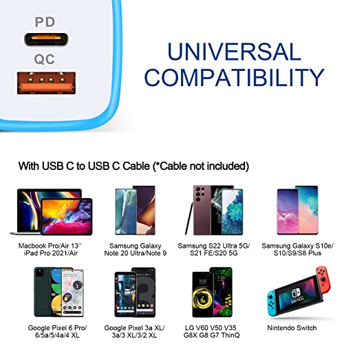 USB C Wall Charger, 2-Ports 20W USB A and USB C Charger Block [PD/QC 3.0], 3Pack USB-C Power Wall Plug Adapter Brick for iPhone 14/13/12/Pro/11/Pro Max/Mini, iPad/Pro, AirPods, Pixel, Samsung Galaxy
