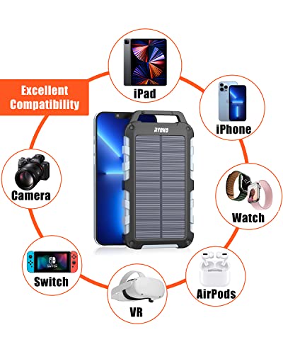 Ryoko Solar Charger Power Bank 20000mAh, Solar Phone Charger with Dual USB 5V Output, 10 LED Flashlights, Waterproof Outdoor Battery Pack for iPhone, Samsung, Switch, Tablet